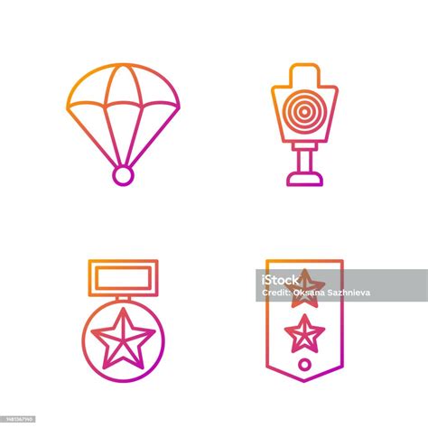 세트 라인 갈매기 모양 군사 보상 메달 낙하산 및 인간 표적 스포츠 촬영 그라데이션 색상 아이콘 벡터 갈매기표 수장에 대한 스톡 벡터 아트 및 기타 이미지 Istock