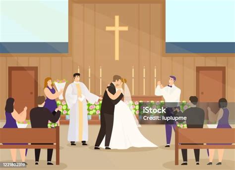 婚禮儀式在教堂向量插圖 卡通幸福夫婦人物結婚和親吻在教堂內部背景向量圖形及更多教堂圖片 教堂 室內 矢量圖 Istock