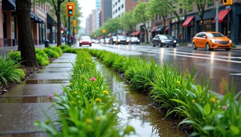 Urban City Intersection Transformed Into Green Space Rain Gardens