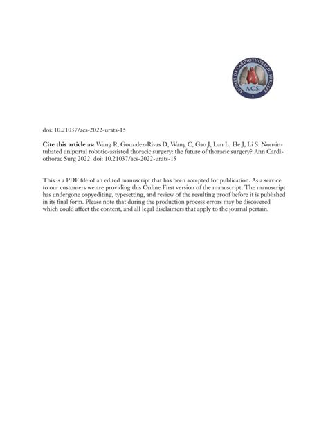 Pdf Non Intubated Uniportal Robotic Assisted Thoracic Surgery The