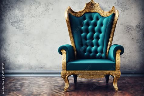 Front View Of Empty Golden Royal Throne With Green Fabric Standing On