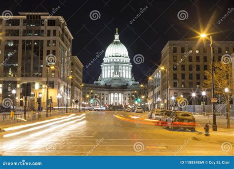 Downtown Madison At Night From Olin Park Boat Ramp Pier On Lake Mendota