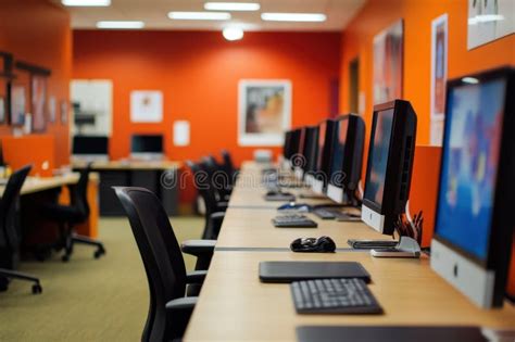 Modern Computer Lab Featuring Multiple Workstations With Orange Walls And Large Screens Designed