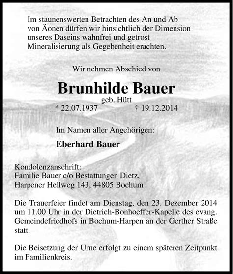 Traueranzeigen Von Brunhilde Bauer Trauer In NRW De