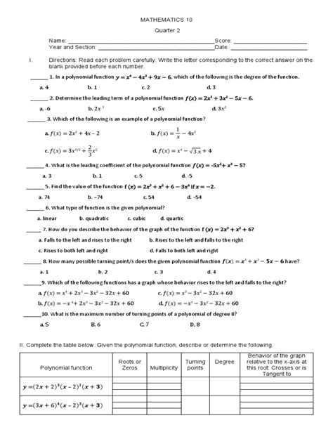 2nd Periodical Tests Math 10 Pdf Polynomial Function Mathematics