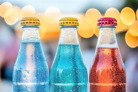 Colorful Soft Drink Bottles In Outdoor Setting With Bright Lights