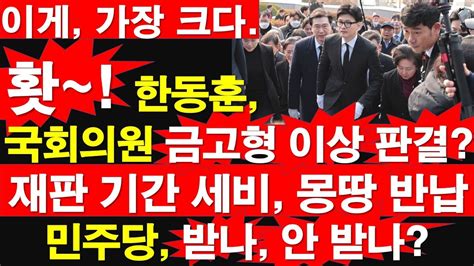 홧~ 한동훈국회의원 금고형 이상 판결 나면 재판 기간 받았던 세비 몽땅 반납하자 민주당 안 받을 수 없을 것