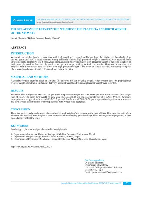 Pdf The Relationship Between The Weight Of The Placenta And Birth