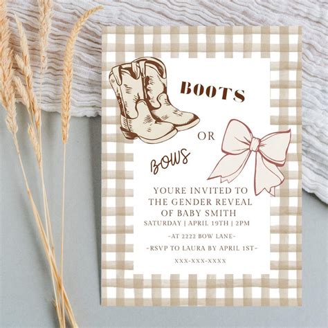 Cute Gender Reveal Invitations Neutral Colors Boots Or Bows Etsy