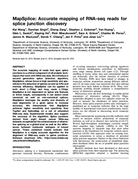 Pdf Mapsplice Accurate Mapping Of Rna Seq Reads For Splice Junction