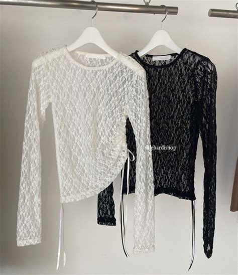 108파운드 잔꽃 망사 티셔츠 시스루 사이드 스트링 주름 티셔츠