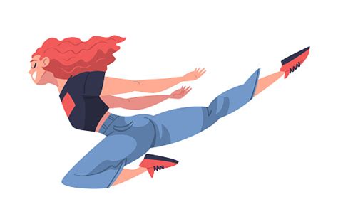 점프 여성 캐릭터 느낌 자유와 모션 비행 에 미드 에어 벡터 일러스트 명랑한에 대한 스톡 벡터 아트 및 기타 이미지 명랑한