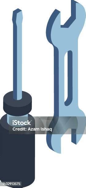 개방형 렌치 및 슬롯형 스크루 드라이버 손 도구 개념 벡터 아이콘 아이소메트릭 디자인 자동차 서비스 및 자동차 수리점 기호 트럭 예비 부품 기호 자동차 기술자 장비 재고