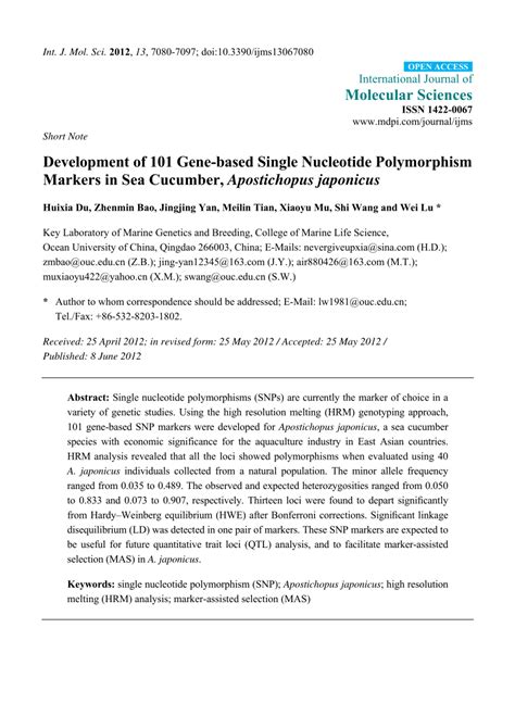 Pdf Development Of 101 Gene Based Single Nucleotide Polymorphism Markers In Sea Cucumber