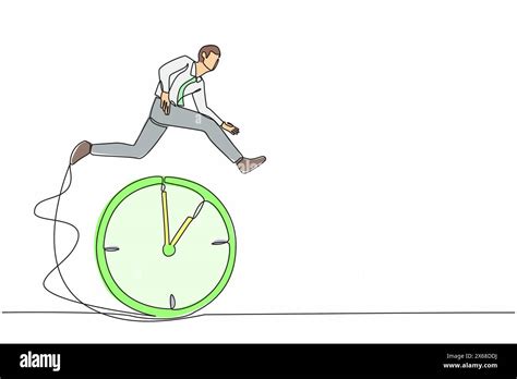 Single One Line Drawing Confidence Businessman Employee Worker Jump Over Time Passing Clock