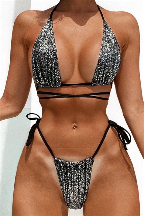 Black Shimmery Strappy Sexy Two Piece Swimsuit Amiclubwear