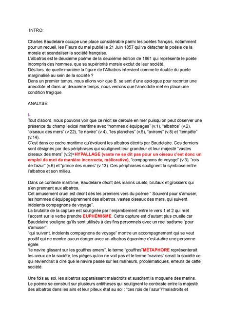 Analyse Lalbatros De Baudelaire Notes Français Docsity