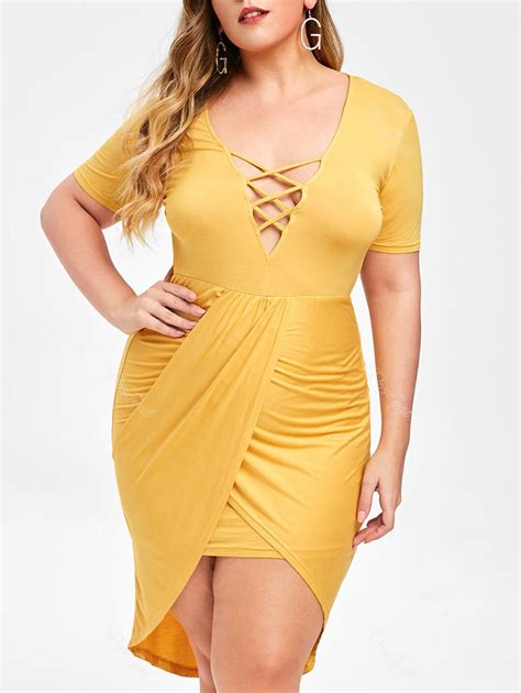 [33 Off] Rosegal Plus Size Criss Cross Plunging Asymmetrical Dress