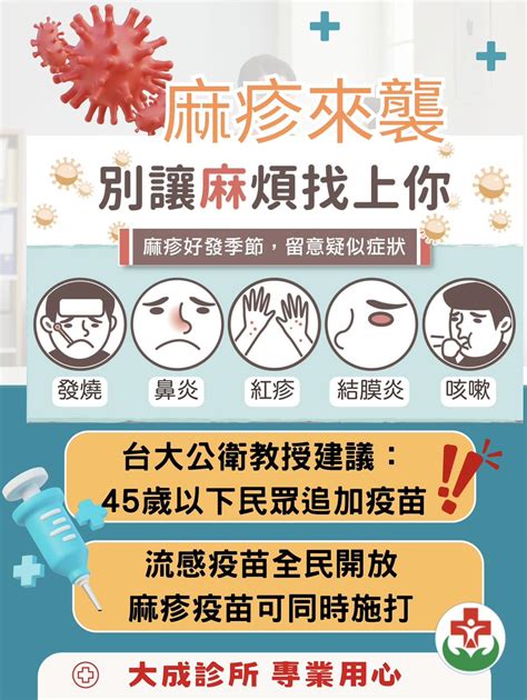 大成診所 🌐🌐全球麻疹疫情升溫📈📈 🇹🇼🇹🇼台灣也發生近年最嚴重的醫院群聚事件🦠🦠 🏥🏥 大成診所提醒民眾：麻疹為 高傳染性疾病 「麻疹