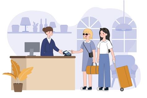 고객은 호텔에서 신용카드와 Pos 터미널로 지불하고 신용카드로 체크아웃합니다 현금없는 접촉없는 지불 Nfc 은행 시스템 무선 거래 터 일러스트레이션 프리미엄 벡터