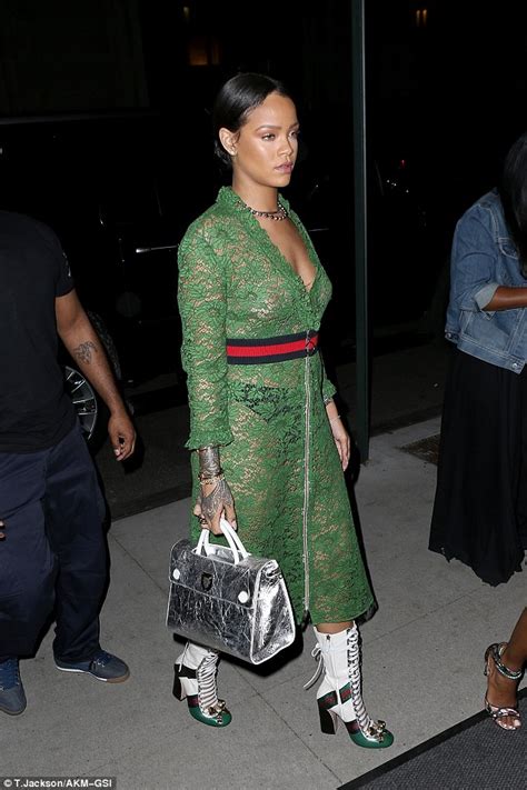 Rihanna Flashes Her Black Thong Knickers In A Sheer Emerald Lace Dress