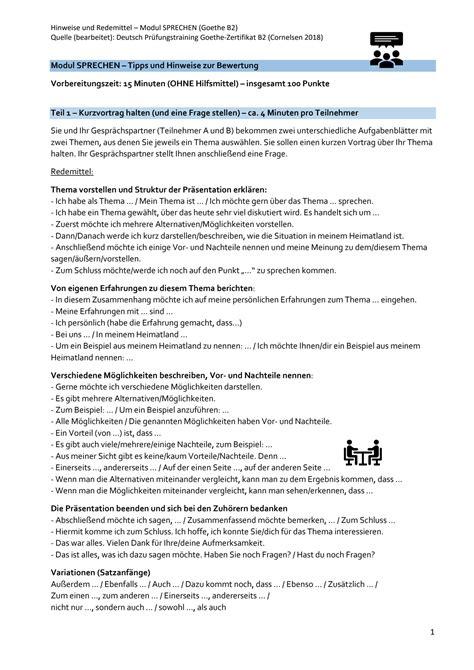 SOLUTION Goethe B2 Redemittel Und Hinweise Sprechen Studypool
