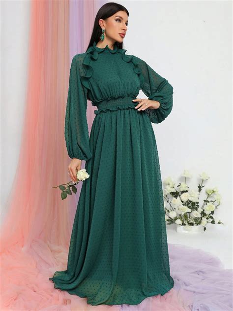 Ruffle Trim Mock Neck Lantern Sleeve Chiffon Dress Faeriesty