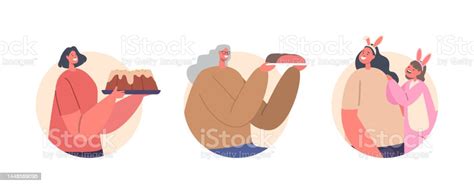 행복한 가족은 부활절 저녁 식사를 준비합니다 고립 된 둥근 아이콘 또는 아바타 토끼 의상을 입은 작은 아기 케이크를 든 어머니 가족에 대한 스톡 벡터 아트 및 기타 이미지