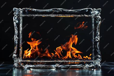 Premium Photo Empty Glass Frame With Fire On Black Background