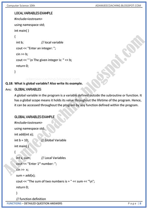 Adamjee Coaching Functions Detailed Question Answers Computer Science 10th
