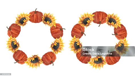 수채화 호박 해바라기 화환 추수 감사절 장식 가을 디자인을위한 원형 프레임 추수 감사절 테두리 할로윈 포스터 엽서 인사말 카드 초대장 조롱박 스쿼시 야채 10월에 대한 스톡