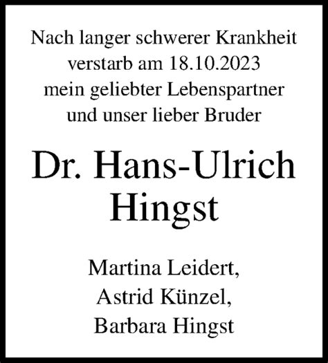 Traueranzeigen Von Hans Ulrich Hingst Trauer Anzeigende