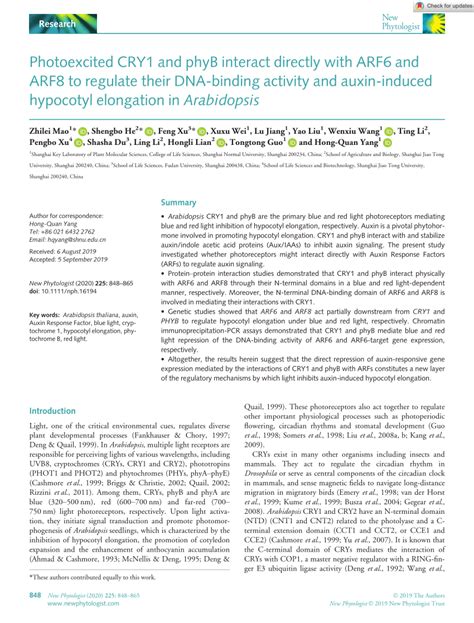 Pdf Photoexcited Cry1 And Phyb Interact Directly With Arf6 And Arf8
