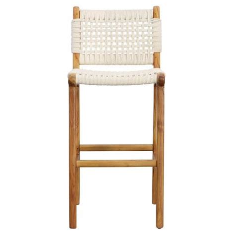Nathan Coastal Beach Natural Teak Wood White Woven Rope Counter Stool