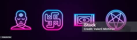 세 번째 눈 자이나교 전통 카펫 및 오각형 원을 가진 남자를 설정합니다 빛나는 네온 아이콘입니다 벡터 3에 대한 스톡 벡터 아트