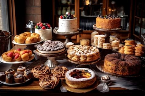Premium Photo Table Full Of Cakes And Pastries Image Generative AI