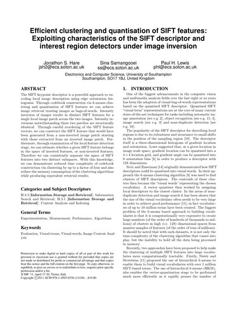 Pdf Efficient Clustering And Quantisation Of Sift Features Exploiting Characteristics Of The