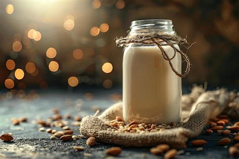 Almond Milk In Bottle With Almond On Dark Background Premium Ai