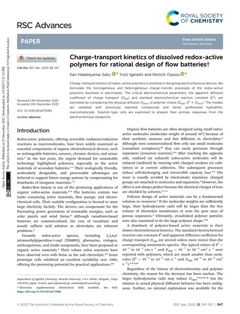 Pdf Charge Transport Kinetics Of Dissolved Redox Active Polymers For