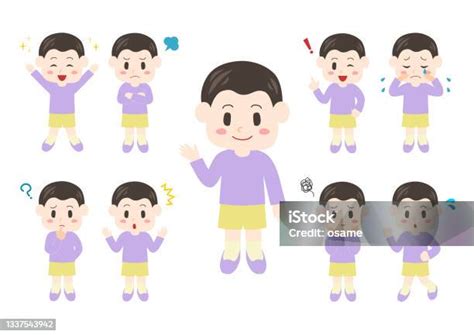 자식의 벡터 그림입니다 소년 감정 행복 화가 울고 웃고 고민하고 참을성이 없습니다 다양한 얼굴 표정과 제스처 아이콘 집합입니다