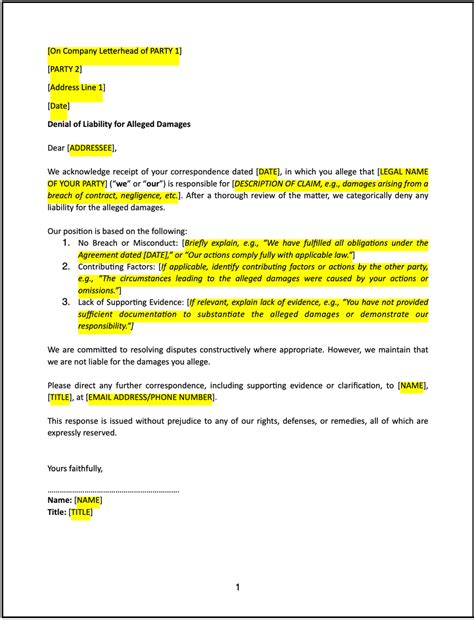 Denial Of Liability For Alleged Damages Letter Free Template