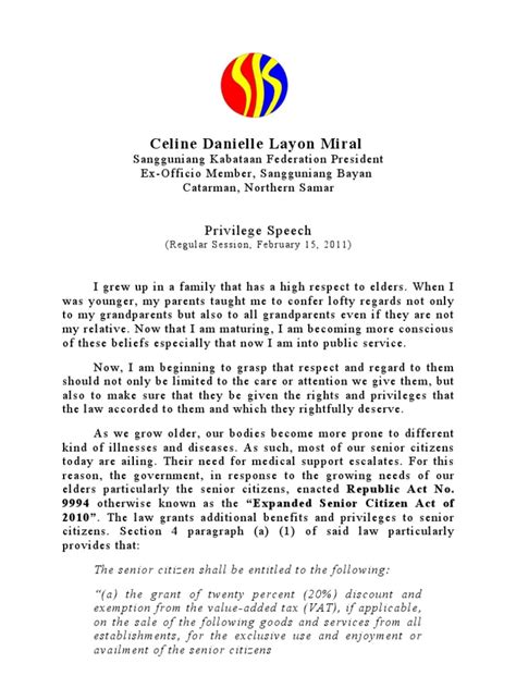 Privilege Speech Re Ra 9994 Old Age Citizenship