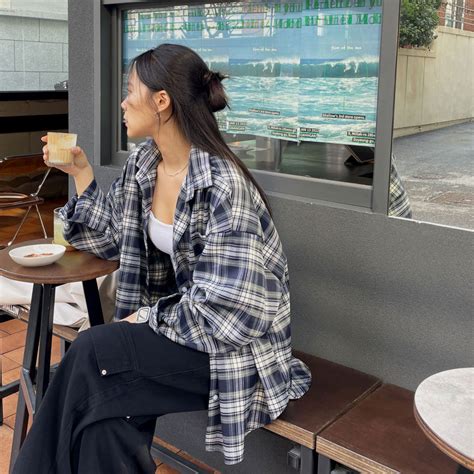 에이제로핏 남친핏 여성 오버핏 박시 체크 남방 루즈핏 셔츠 네이비 2colors 위시버킷