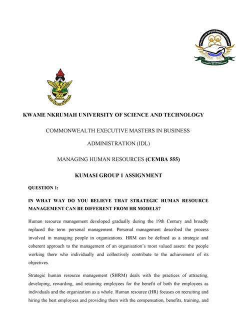 Hrm Asignment Group Assignment Kwame Nkrumah University Of Science