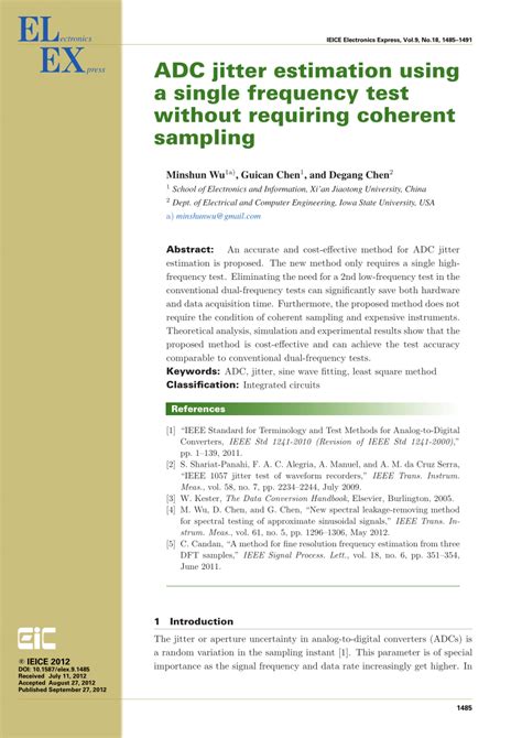 PDF ADC Jitter Estimation Using A Single Frequency Test Without Requiring Coherent Sampling