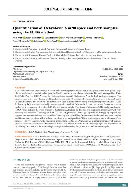 Pdf Quantification Of Ochratoxin A In 90 Spice And Herb Samples Using The Elisa Method