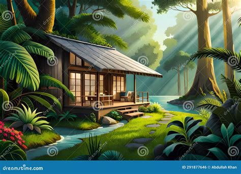 A Hidden Jungle Hut With Vibrant Flora And Fauna Stock Illustration
