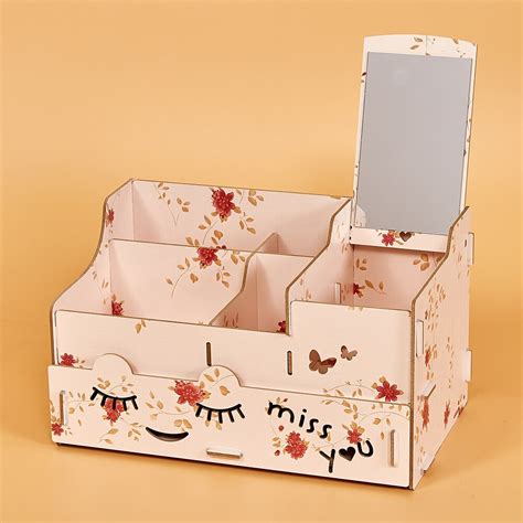 Wood Makeup Organizer Case With Mirror Desktop Mul Grandado