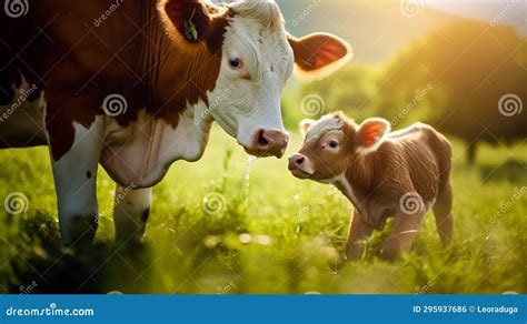 Calf Drinking Milk From Mother Cow With Newborn Calf On Green Grass Of