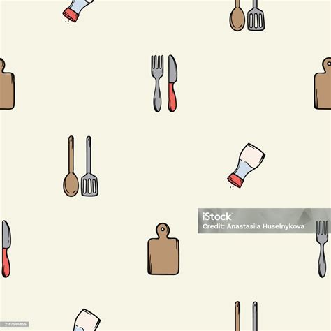 주방 디자인 소금 통 도마 및 주방 용품이 있는 심플한 이음매 없는 패턴 부엌 카페 레스토랑 포장지 인쇄의 디자인을 위한 벡터 배경 가정 주방에 대한 스톡 벡터 아트 및